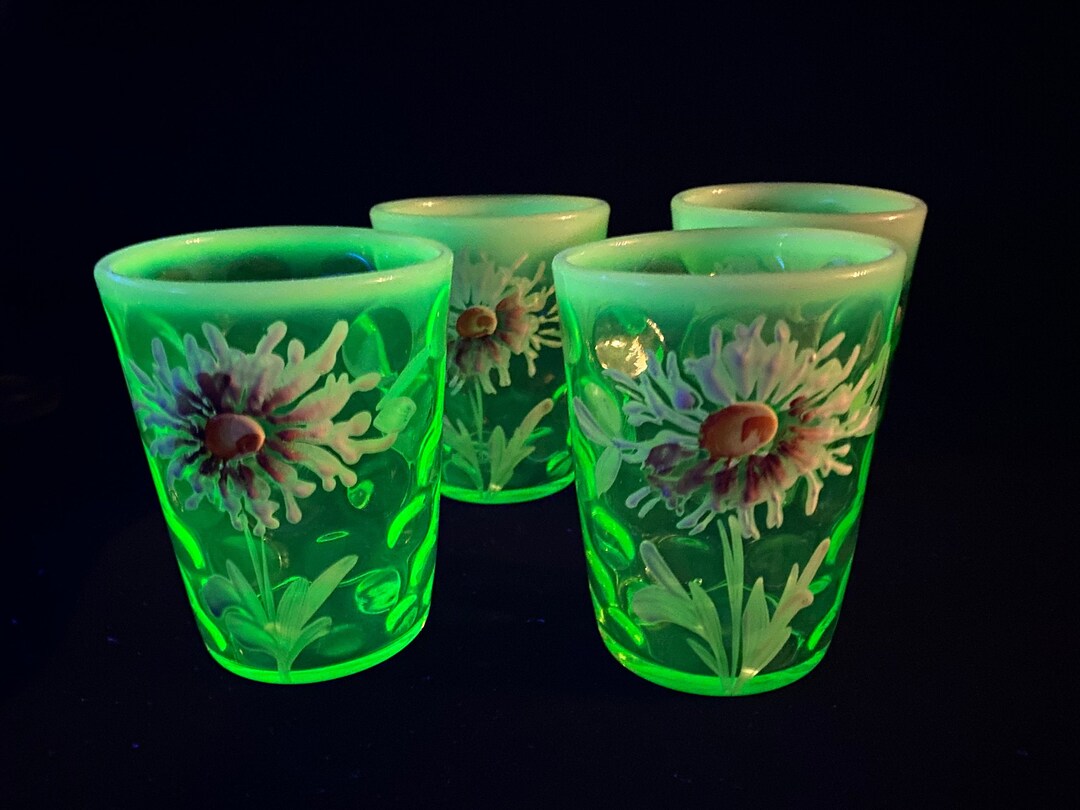 Rare Set of 4 Green to White Opalescent Tumbler Drinking Glass Coin Dot ...