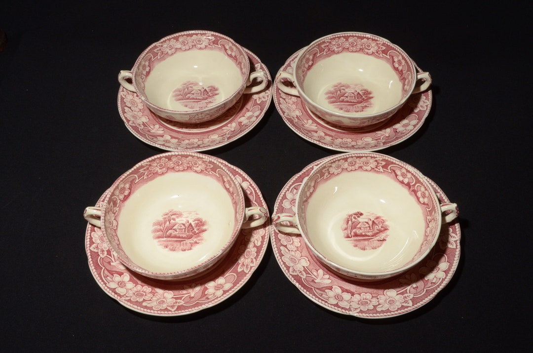 Antique COALPORT Kings Ware Pastoral Cranberry Red Set of 4 Cream Soup ...