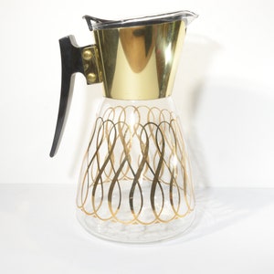 COLONY Large Coffee Pot Carafe Gold Scroll Design Mid Century Glassware ...