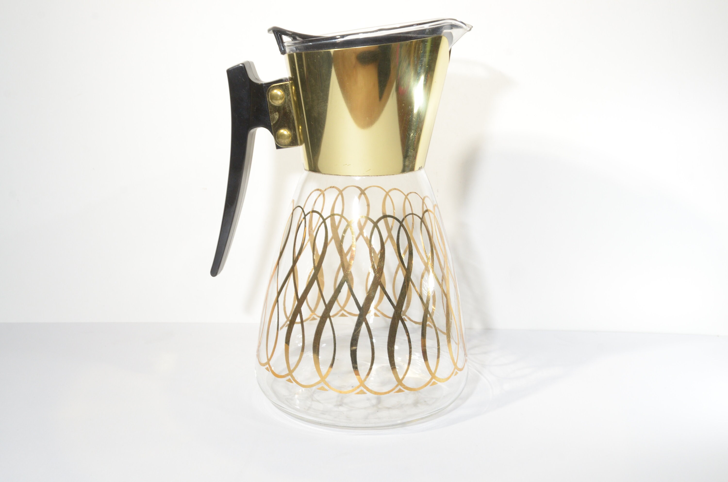 COLONY Large Coffee Pot Carafe Gold Scroll Design Mid Century Glassware ...