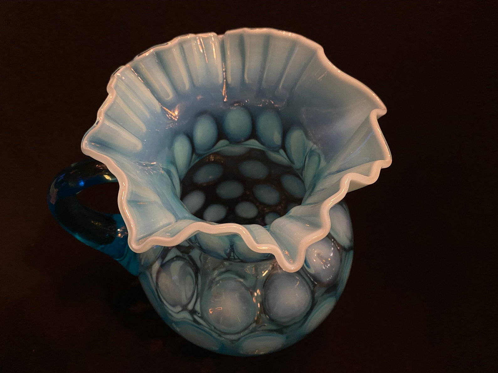 Fenton Blue Opalescent Coin Spot Dot Glass Pitcher 6 Tumbler Drinking ...