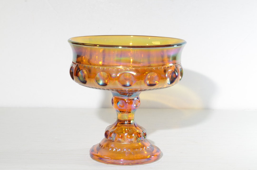 Indiana Glass Amber Iridescent Glass Thumbprint Kings Crown Compote ...