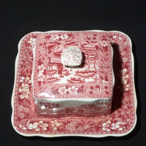 Copeland SPODE'S TOWER Pink Butter Dish Cheese Keeper Floral Square Red ...