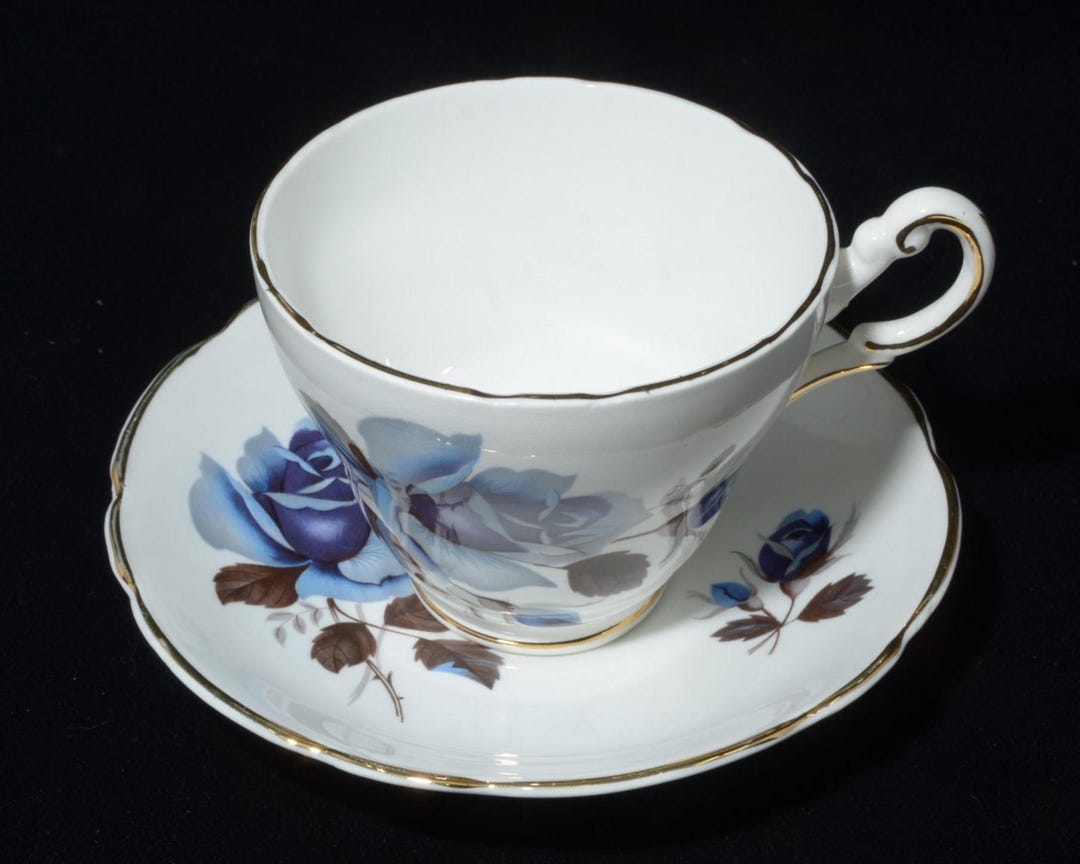 REGENCY Teacup and Saucer Set Blue Rose Flowers Bone China Cups ...