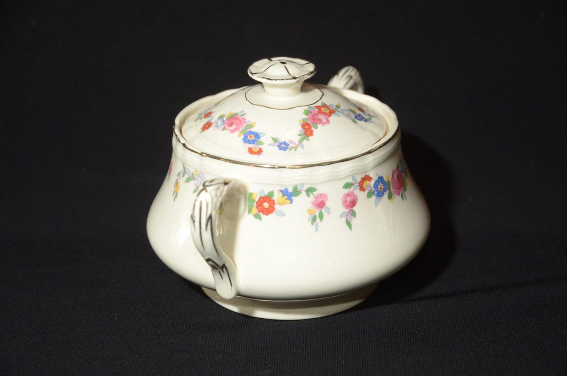 ALFRED MEAKIN Sugar Bowl Lid Covered Handled Floral Swag Multicolor ...