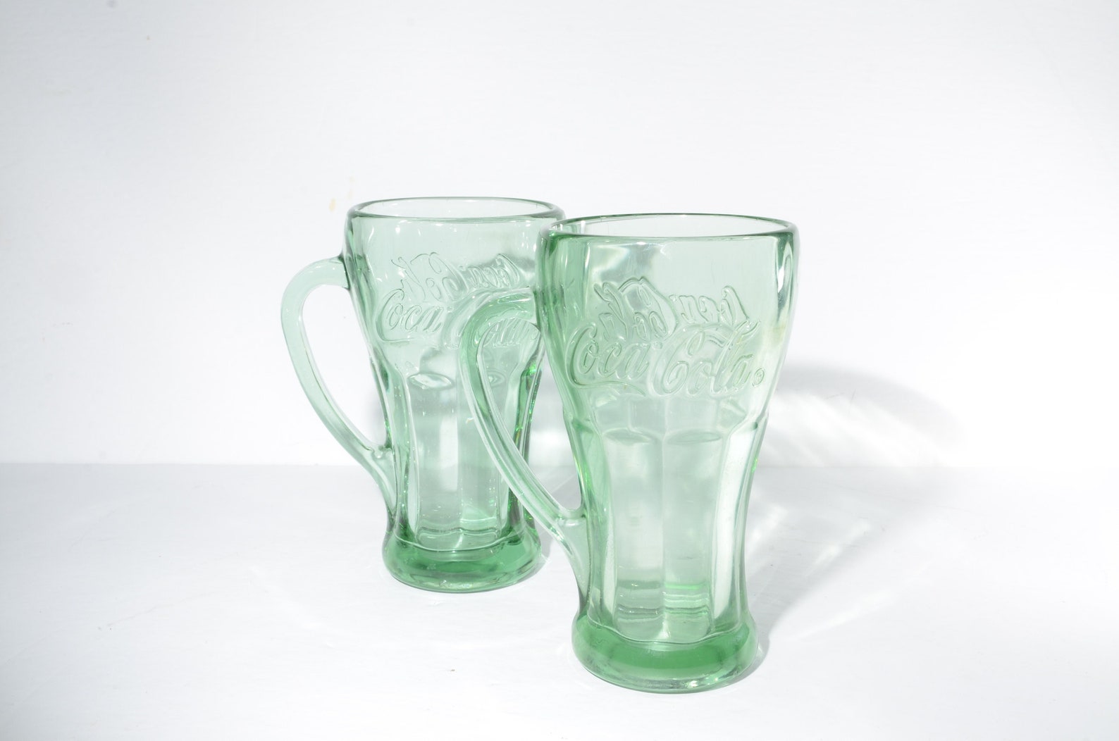 Set of 2 Coca Cola Glass Mug Handle Collectible Glass Embossed Logo ...