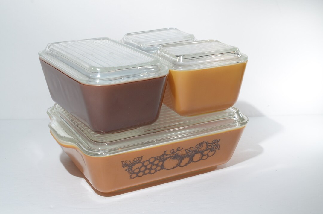 PYREX Old Orchard Fridgie Set Lid 1970s Pyrex Refrigerator Set 502 503 ...