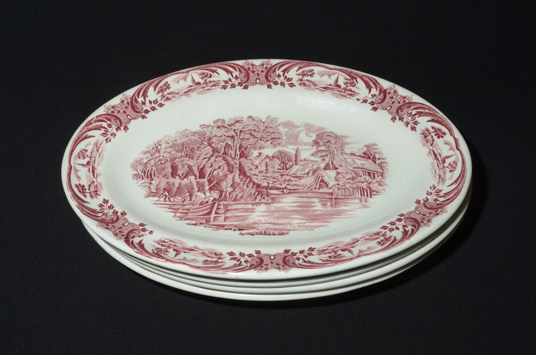 Set of 4 WH Grindley Oval Plate Platter Scenes After Constable Red ...