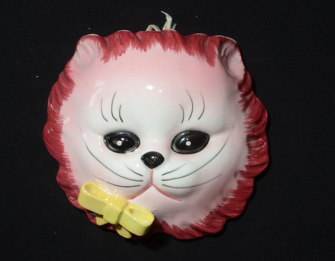 Vintage Lefton Pink Cat Kitten With Yellow Bow Planter Wall Pocket Wall ...