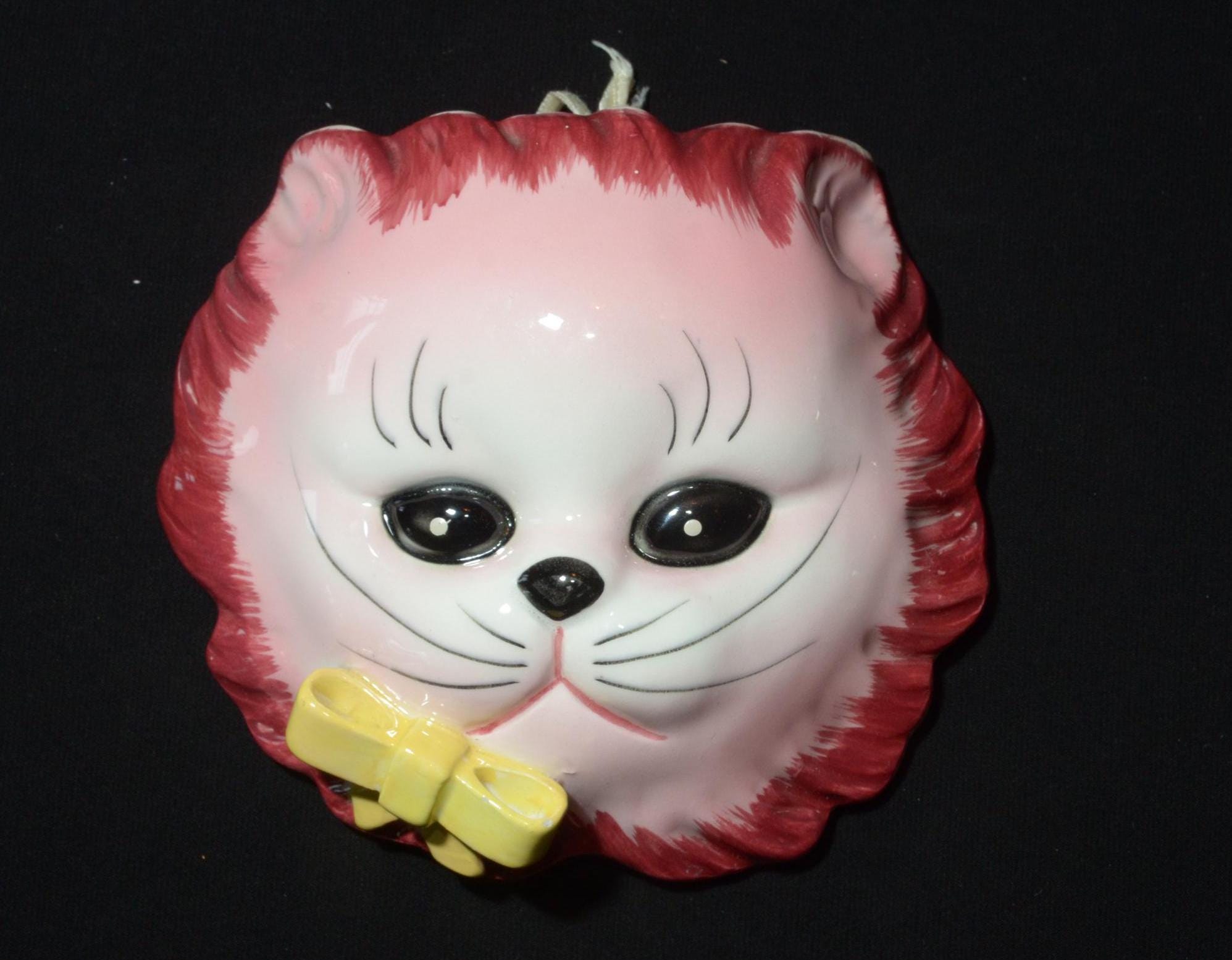 Vintage Lefton Pink Cat Kitten With Yellow Bow Planter Wall Pocket Wall ...