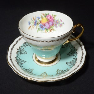 EB FOLEY Turquoise Teacup and Saucer Bone China England Gold Leaf Fruit ...