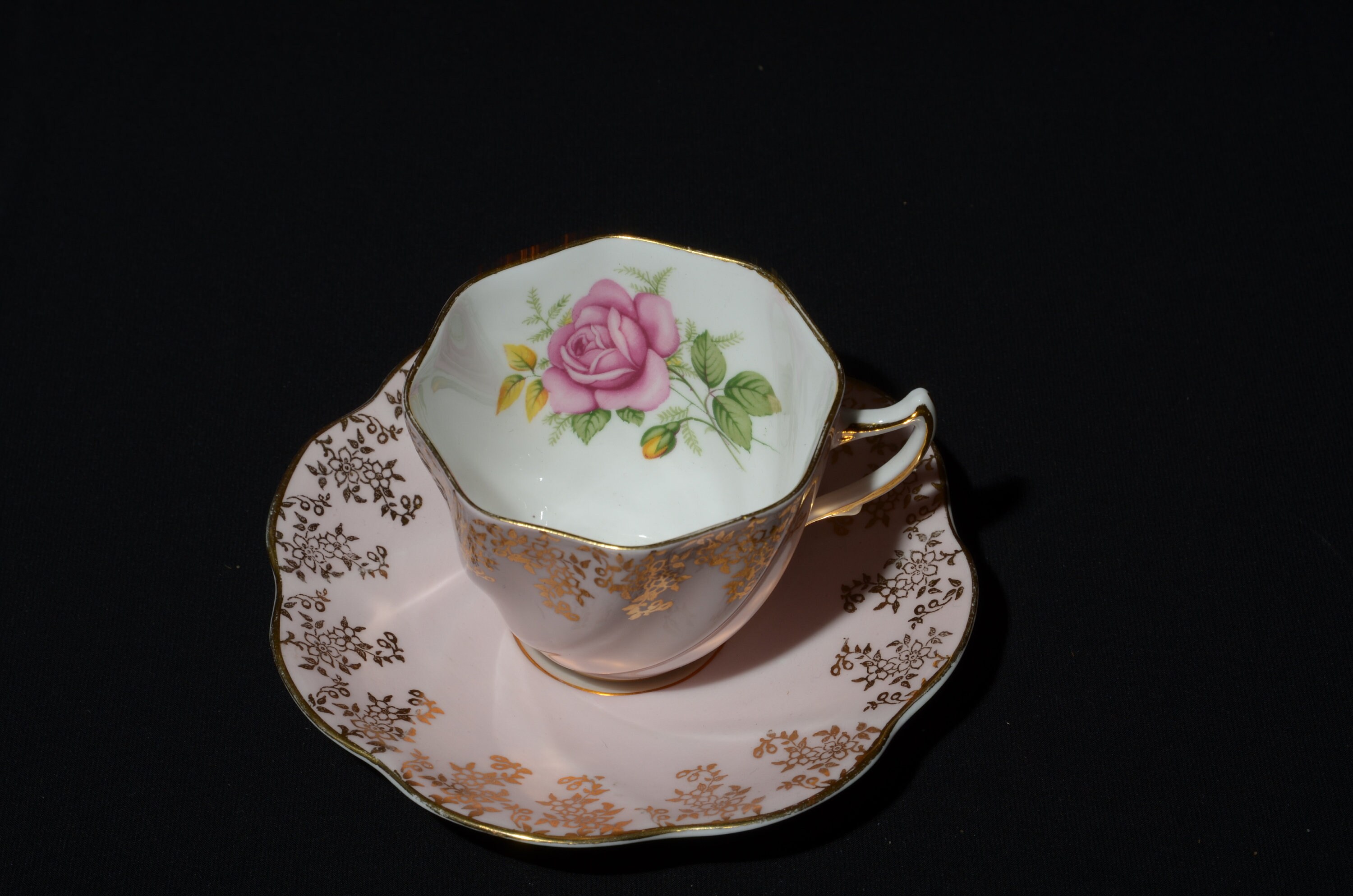 CLARE Pink Flat Teacup and Saucer Set Bone China Gold | Etsy