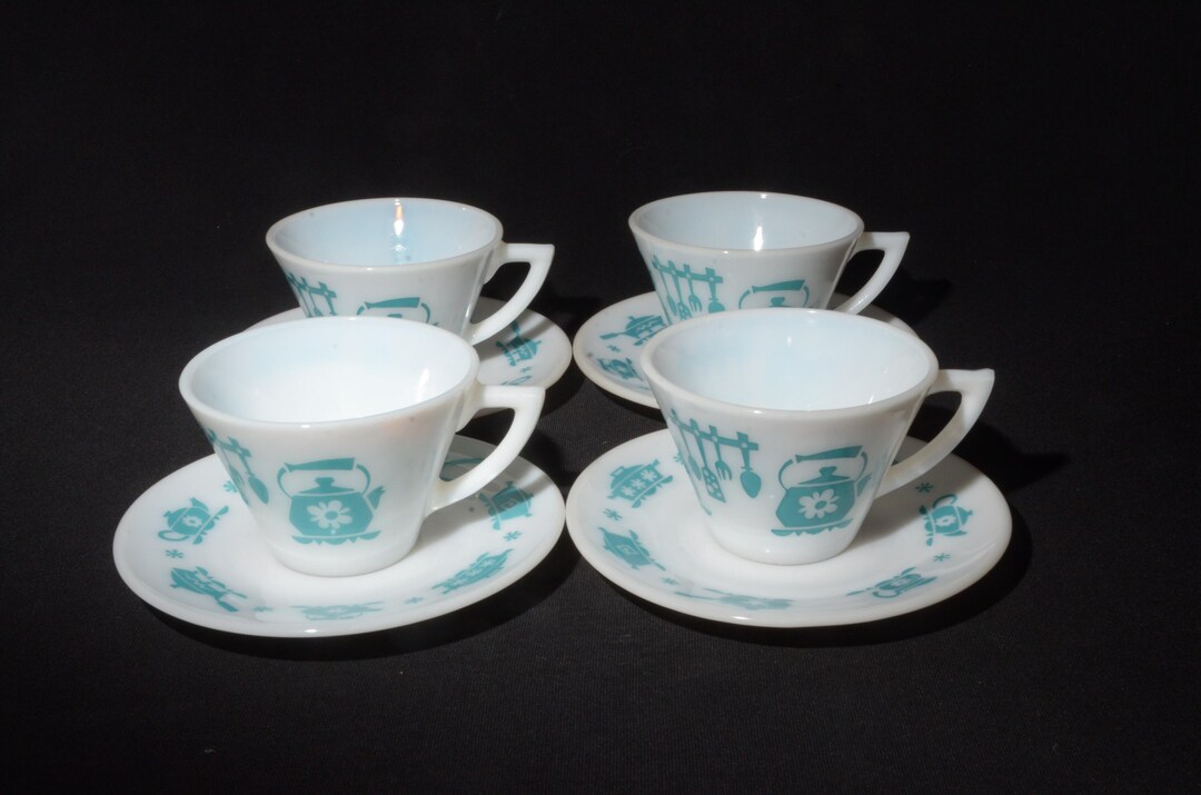 Set of 4 HAZEL ATLAS Kitchen Aids Teacup and Saucer Set Turquoise ...