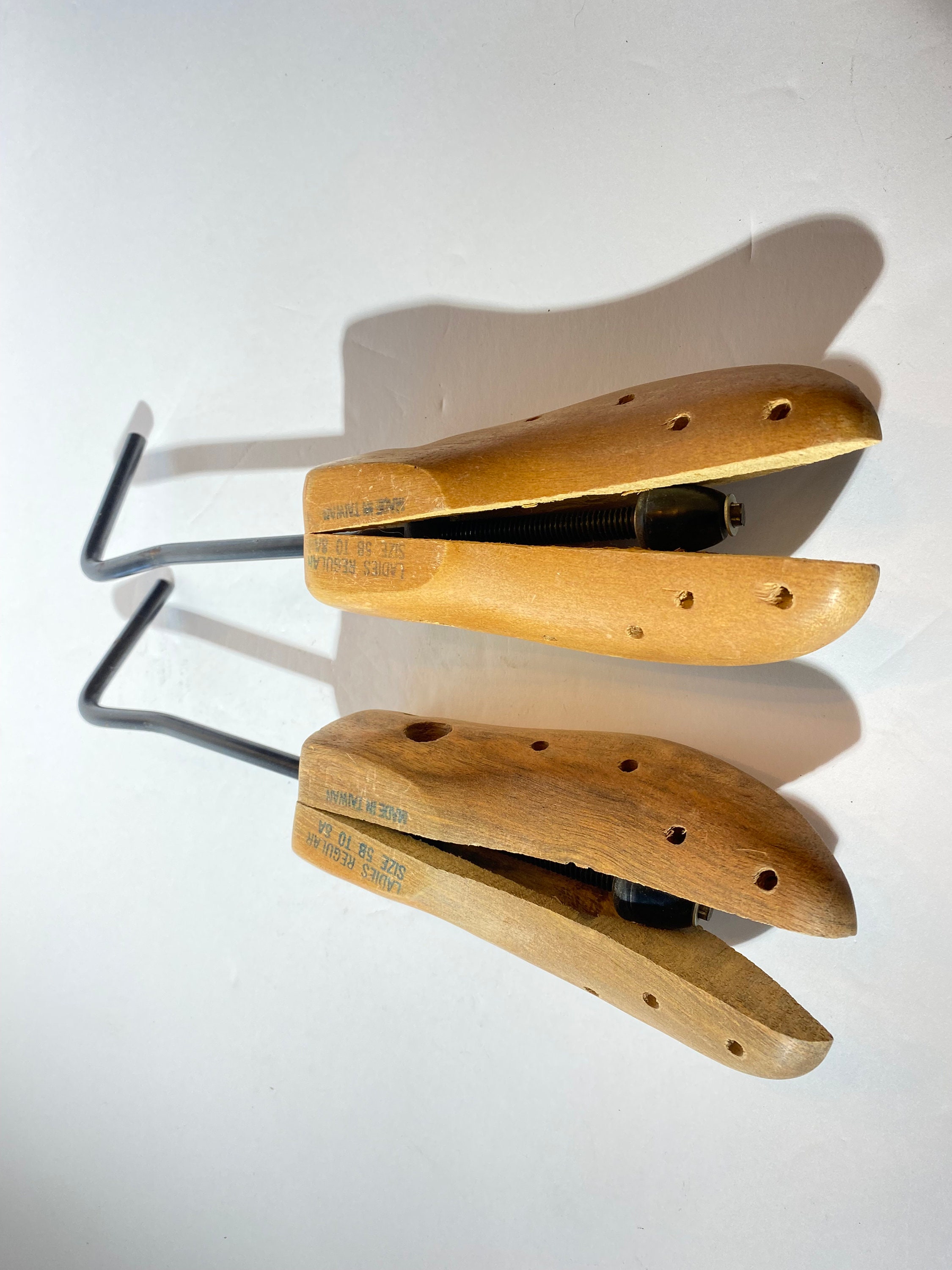 Pair of Wood Ladies Shoe Form Wooden Shoe Mold Metal Hook Shoes ...