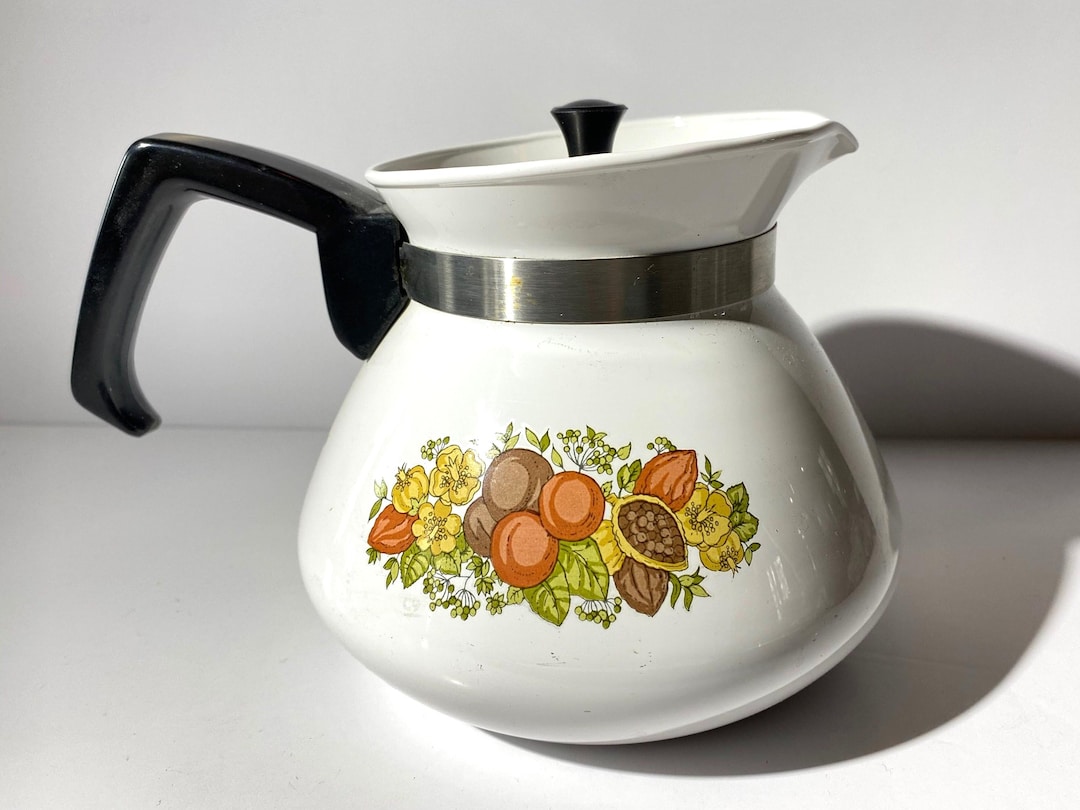 CORNING WARE 6 Cup Teapot Coffee Pot Spice of Life Retro Black Handle ...