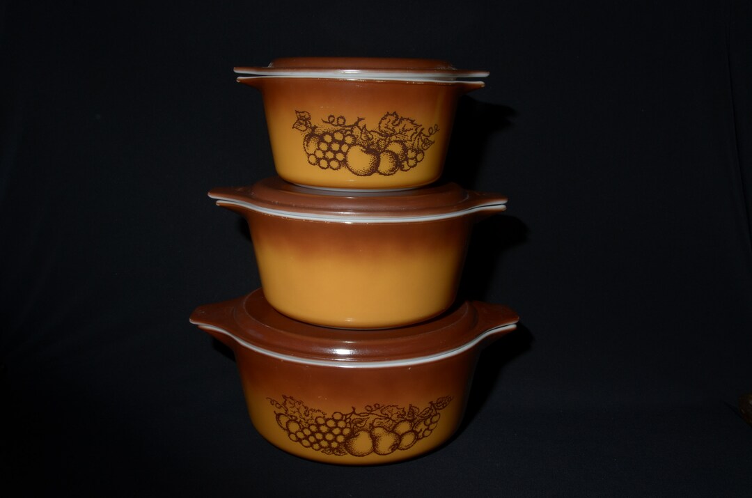PYREX Old Orchard Casserole Dish Set Lid Milk Glass Vintage 473 474 475 ...