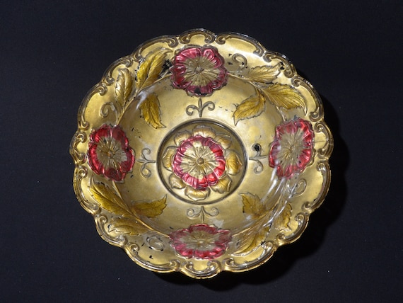 Vintage Victorian Goofus Glass Bowl Shabby Red Flowers & - Etsy