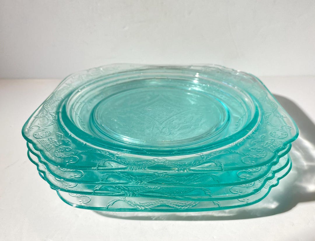 Set of 4 INDIANA GLASS Madrid Turquoise Blue Glass Plate 7.5" Square ...
