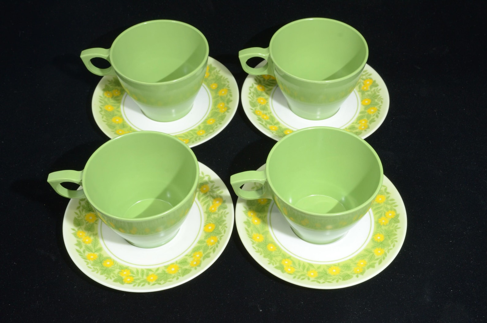 Vintage Set of 4 MELMAC Teacup and Saucer Mid Century Green and Yellow ...