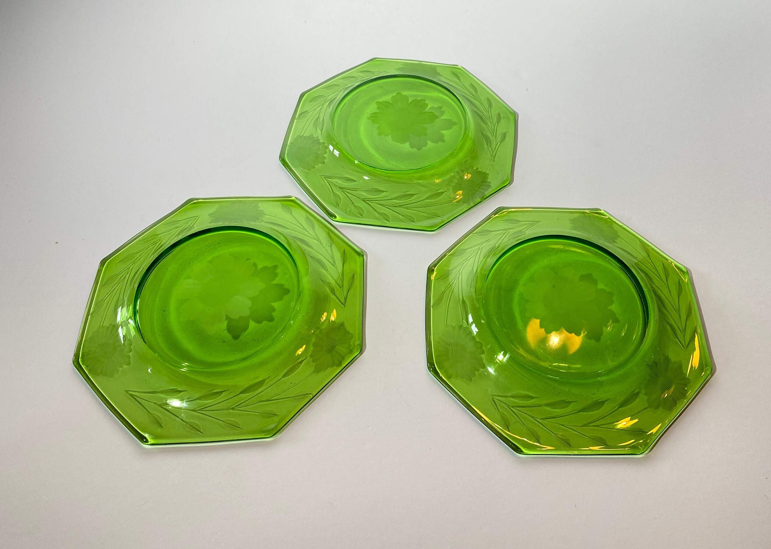 Set of 3 Green Depression Glass Octagonal Plate Dessert Sherbet Etched ...