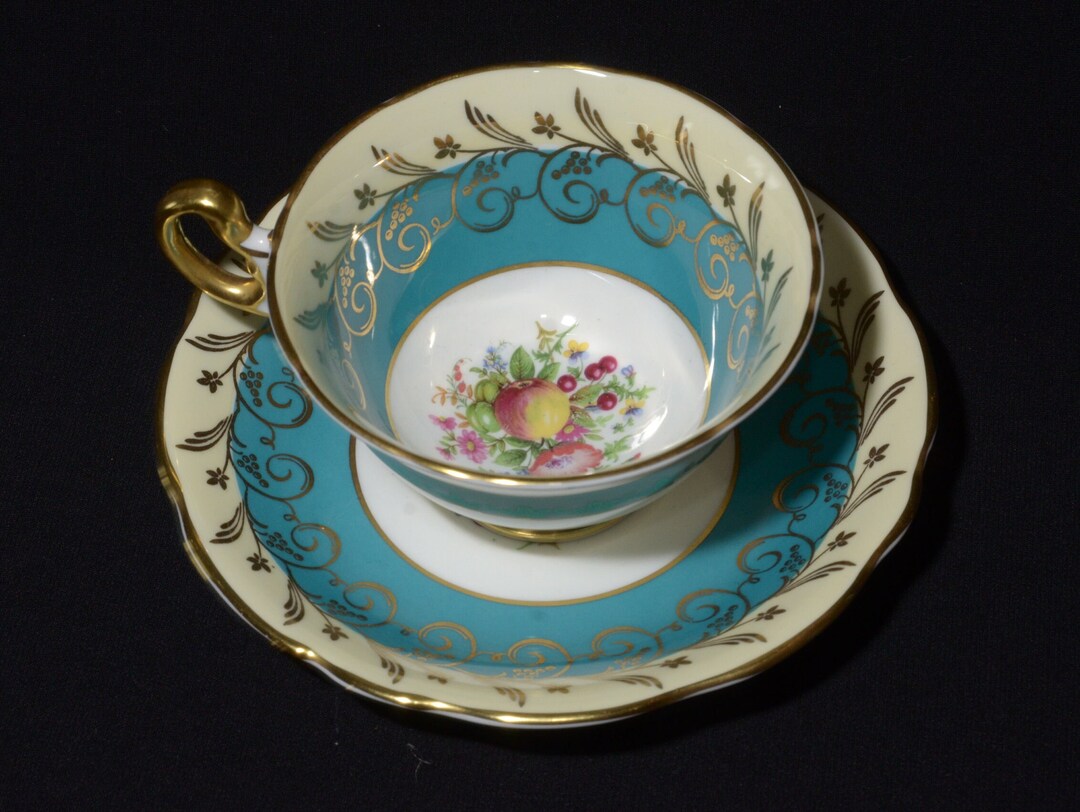 EB FOLEY Turquoise Teacup and Saucer Bone China England Fruit and ...