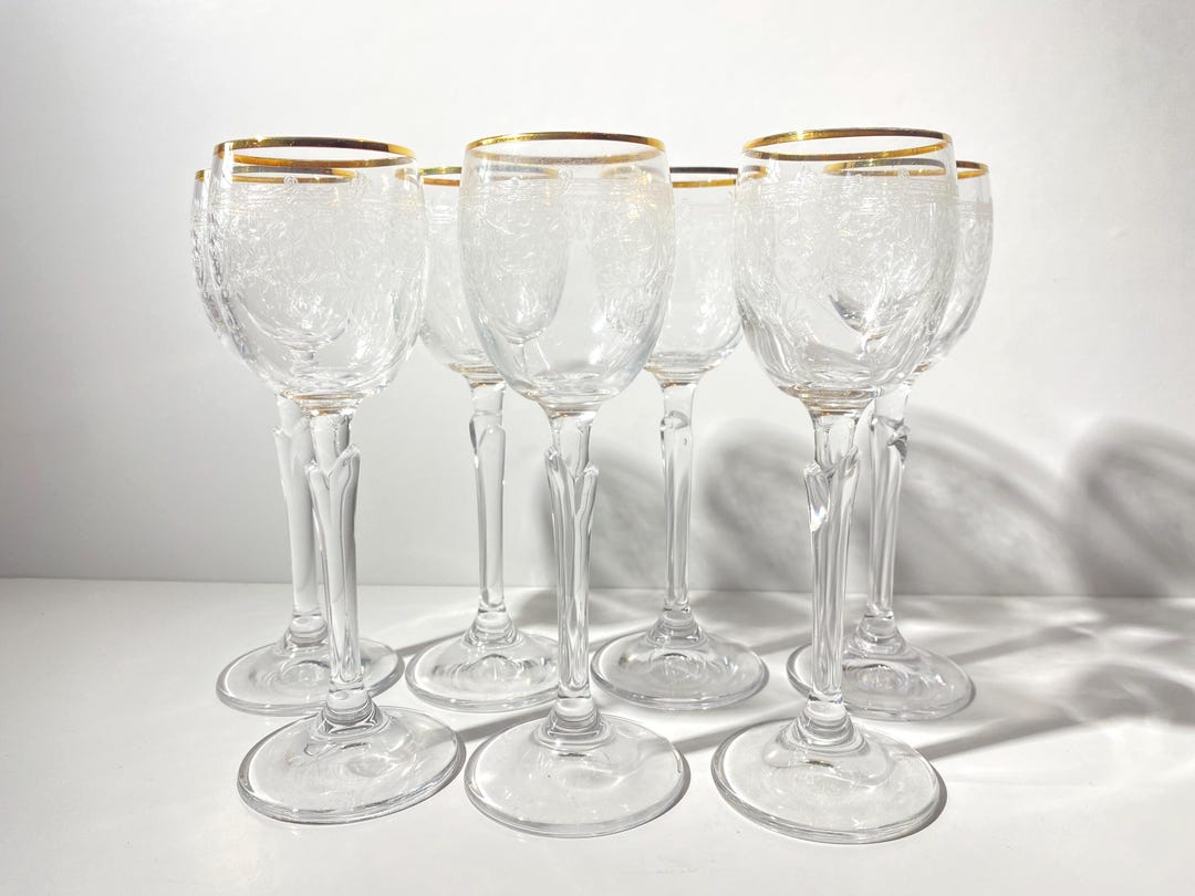 Set of 7 Vintage Etched Scroll and Leaves Gold Rim Crystal 6 Inches ...