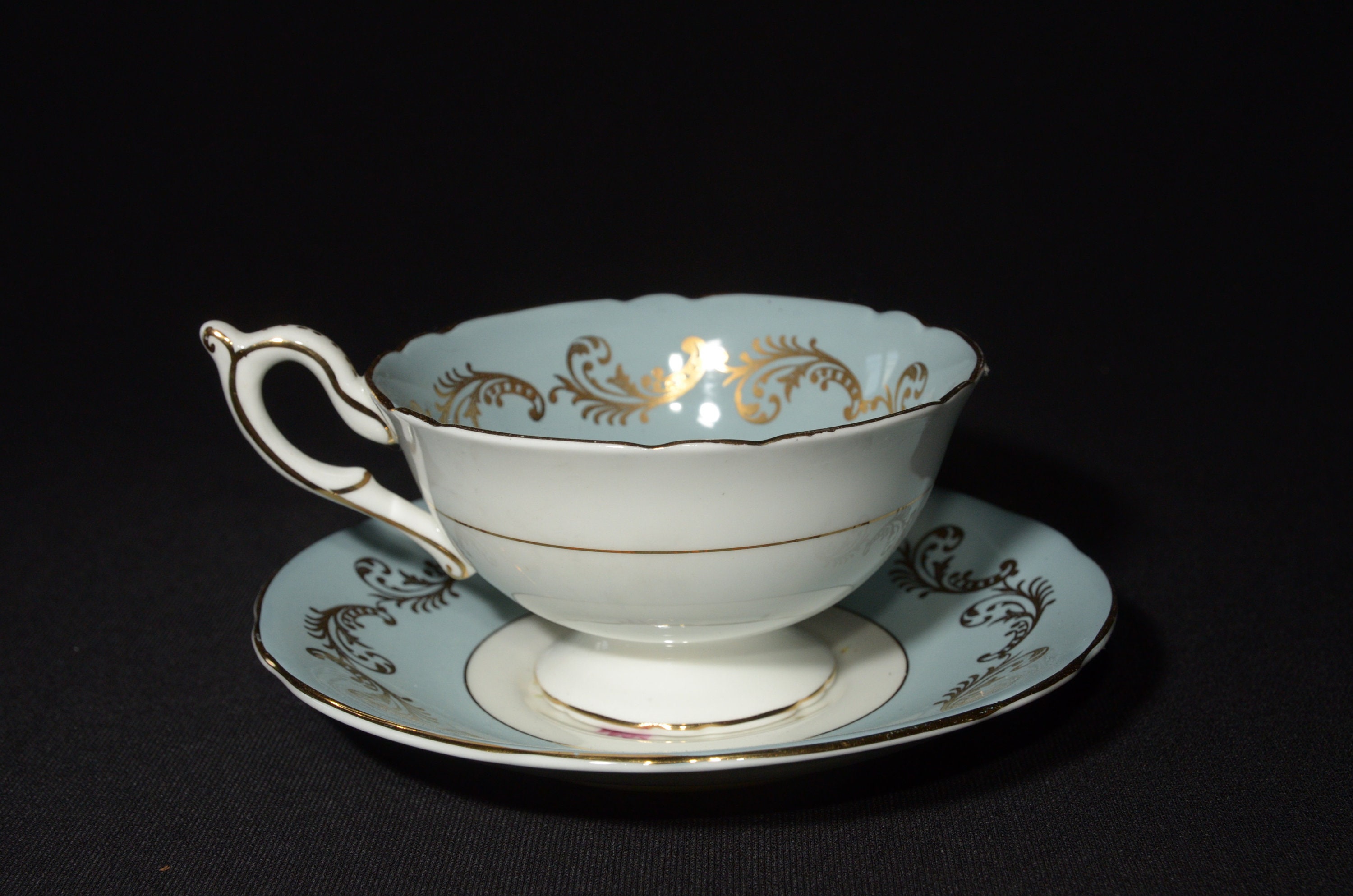 EB FOLEY Blue Teacup and Saucer Bone China England Gold Scroll - Etsy
