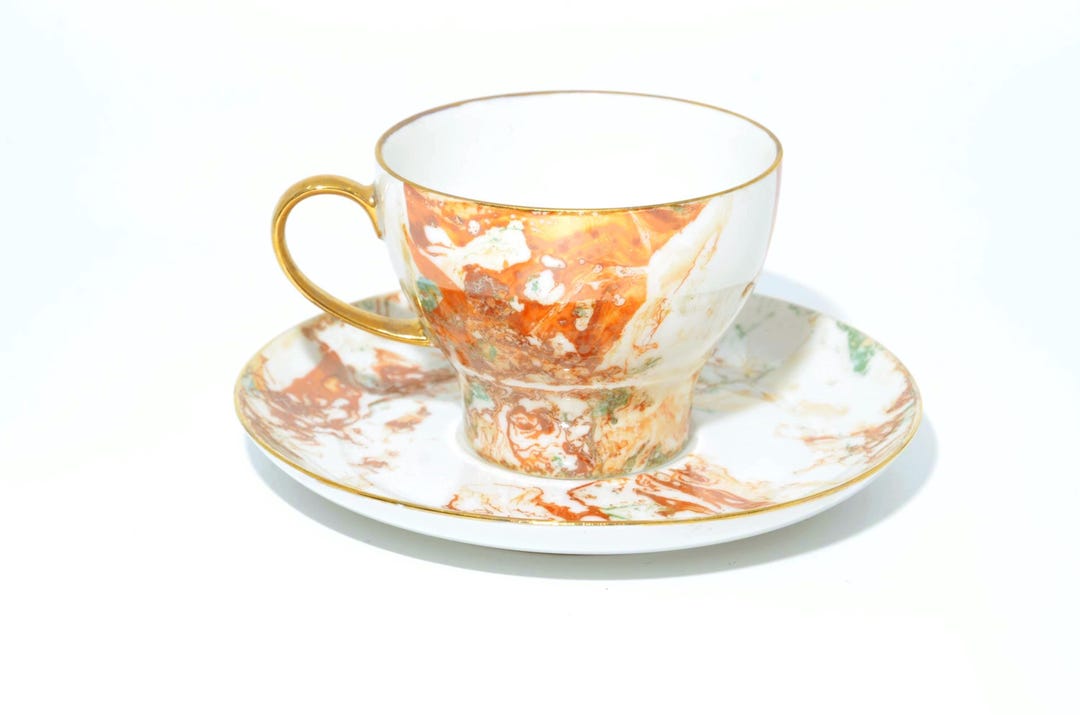 Thomas Germany Teacup and Saucer Set Bone China Marble Design on White ...