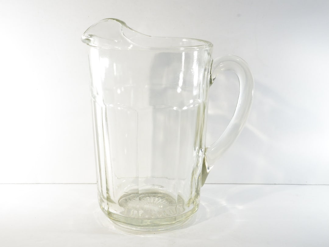 Vintage Heavy Glass Pitcher 8 Inches Ice Lip Clear Pressed Glass ...