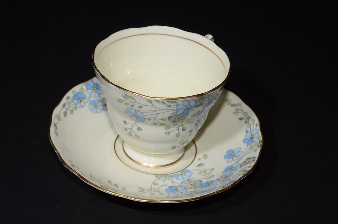 FENTON Radfords Trent Tea Cup and Saucer Set Blue Floral England Gold ...