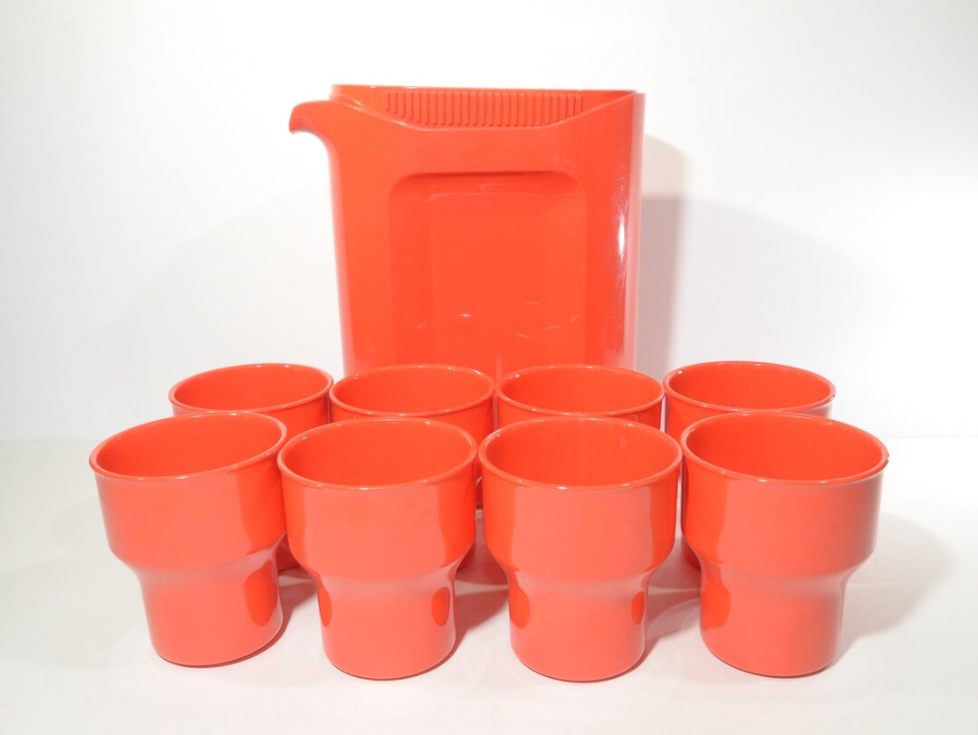Vintage Mepal Rosti Dark Orange Pitcher Set 8 Tumblers Plastic Space ...