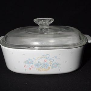 CORNING WARE Blue Ribbon Flower Basket Casserole 2 Qt Glass Lid Covered ...