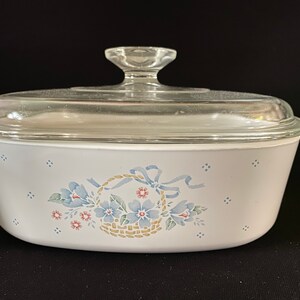 CORNING WARE Blue Ribbon Flower Basket Casserole 2 Qt Glass Lid Covered ...