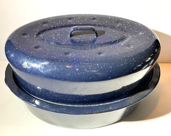 Large Vintage Cobalt Blue/white Speckled Roasting Pan With Lid/holidays ...