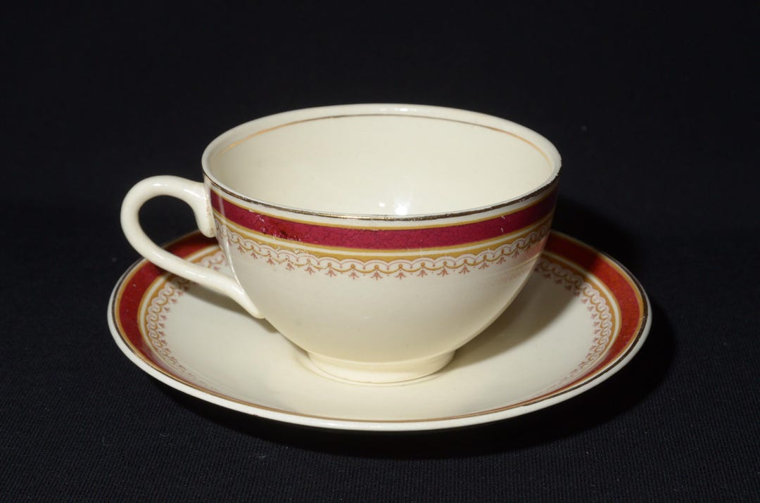 J&G MEAKIN Sol Teacup and Saucer Red Band With Floral Pattern Vintage ...