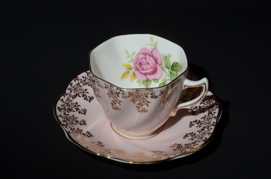 CLARE Pink Flat Teacup and Saucer Set Mint Condition Bone China Gold ...