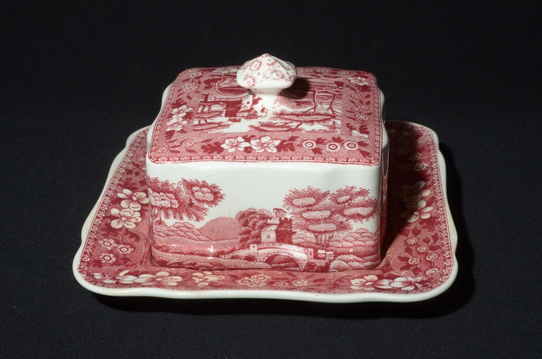 Copeland SPODE'S TOWER Pink Butter Dish Cheese Keeper Floral Square Red ...