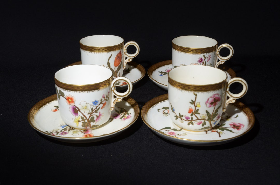 Set of 4 Antique Royal Worcester Tea Cup and Saucer Teacup Floral 22 Kt ...