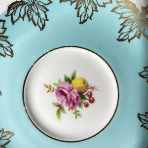 EB FOLEY Turquoise Teacup and Saucer Bone China England Gold Leaf Fruit ...