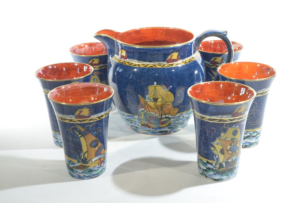 RARE Vintage Royal Winton Grimwades Tall Ship Pitcher and 6 Tumbler Set ...