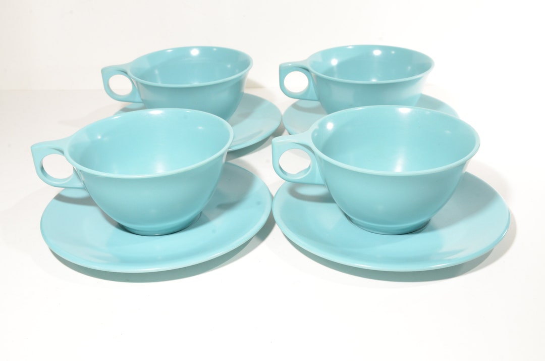 Set of 4 Vintage MELMAC Melamine Turquoise Blue Teacup and Saucer MCM ...