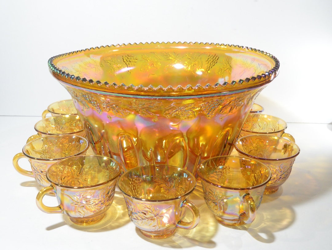 Indiana Carnival Glass Marigold Iridescent Punch Bowl Complete Set 12 ...