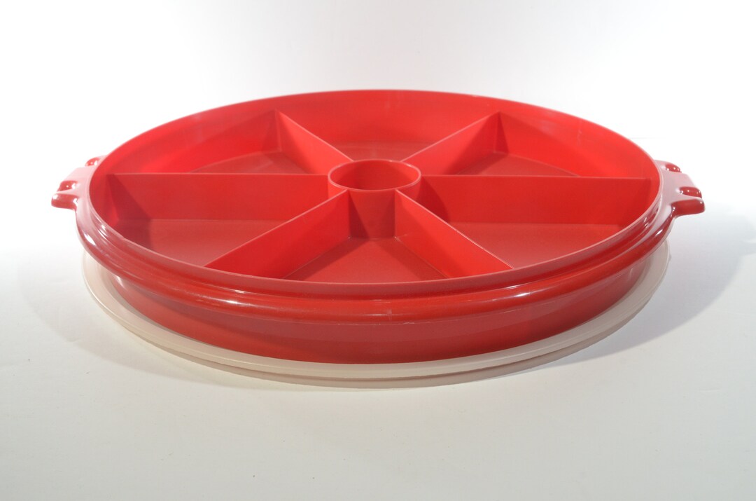 Vintage TUPPERWARE Round Serving Tray With Frosted White Lid Divided ...
