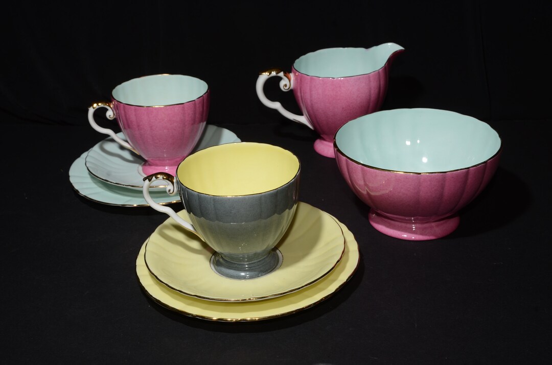 Amazing ROYAL GRAFTON Tea Set Pink and Turquoise Pastel Aqua Creamer ...