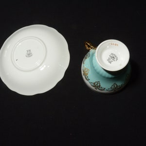 EB FOLEY Turquoise Teacup and Saucer Bone China England Gold Leaf Fruit ...