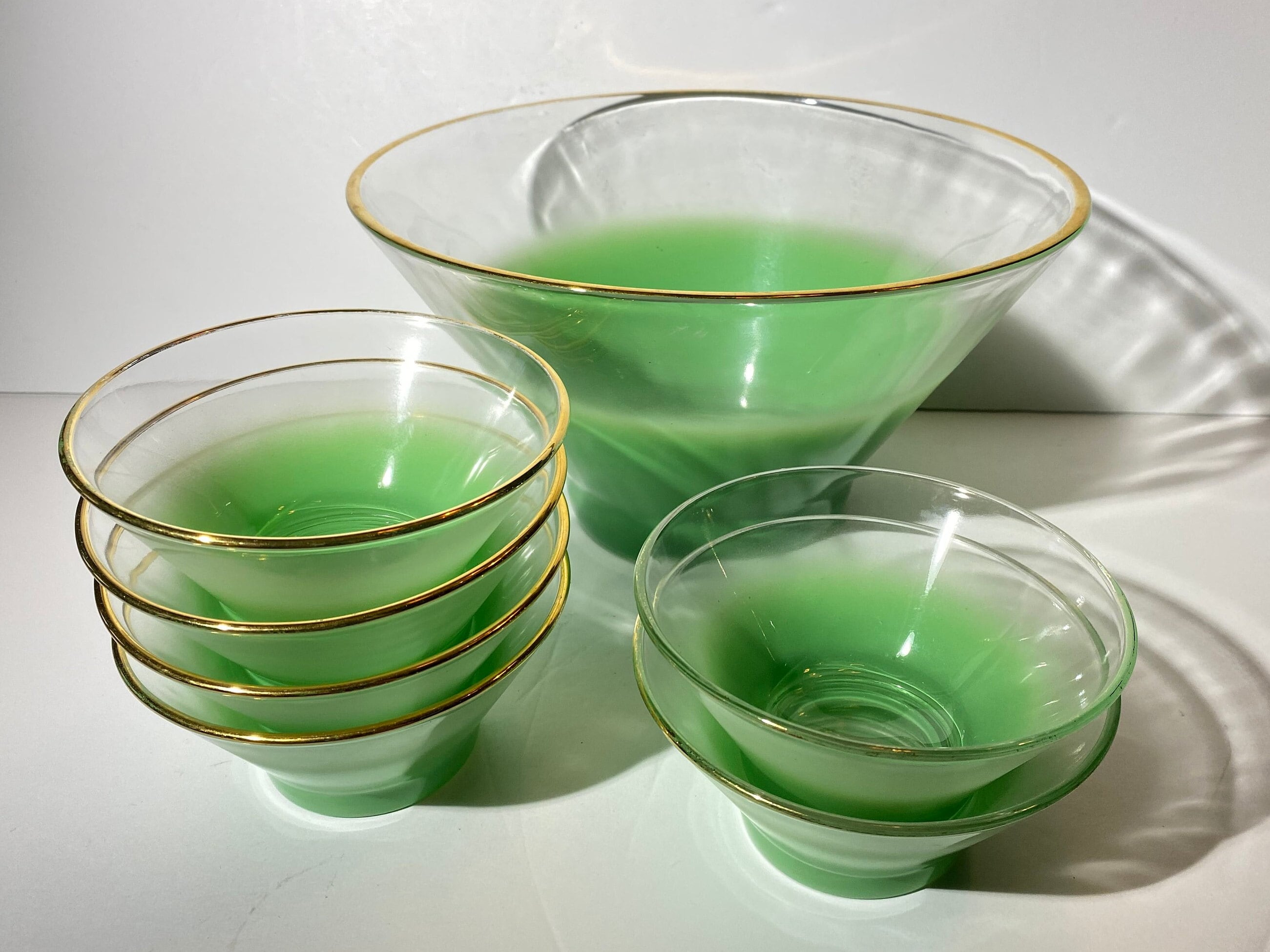 Vintage Green Blendo Bowl Set Gold Rim Frosted 1 Salad Bowl and 6 Snack ...