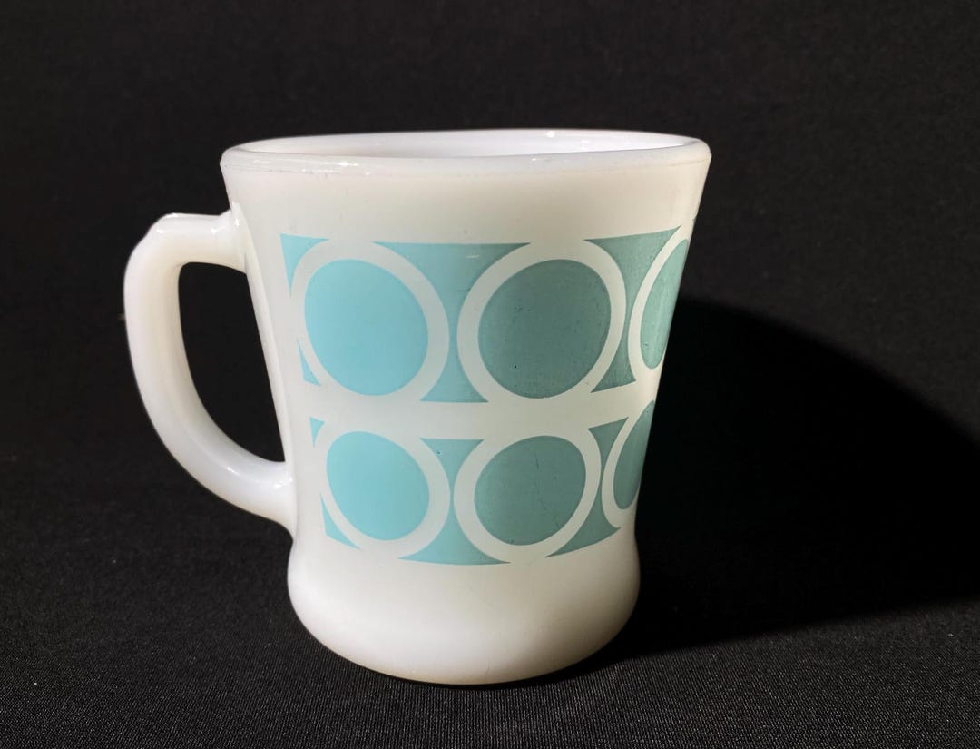 Rare FIRE KING D Handle Turquoise Blue Graphics Coffee Mug Milk Glass ...