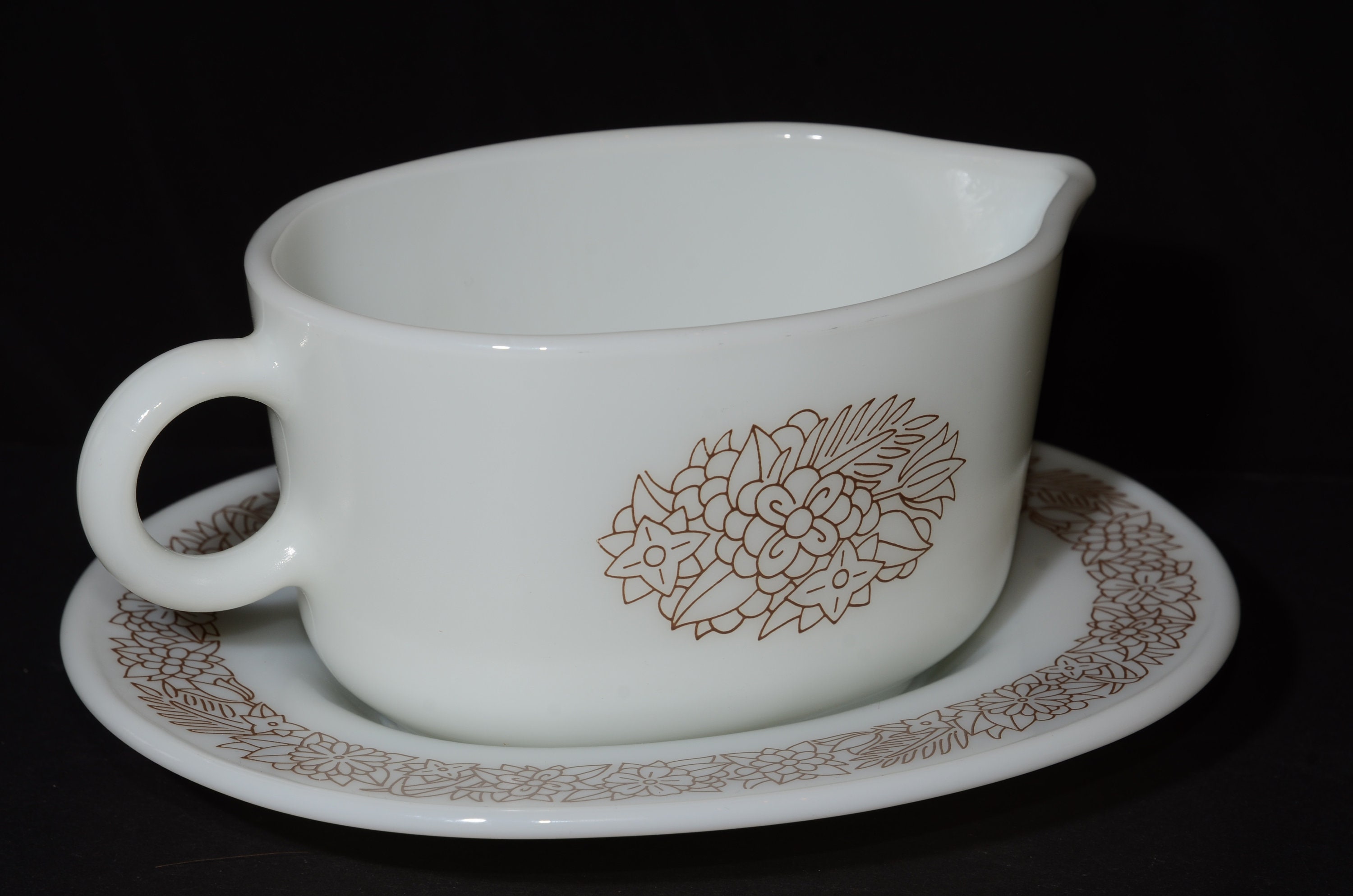 PYREX Woodland Gravy Boat Plate Milk Glass Vintage 1970 Vintage Pyrex ...