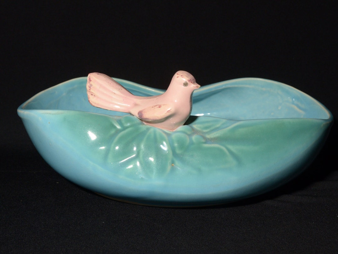 Mccoy Bird Bath Turquoise Blue Bowl Planter Pottery Green Embossed Leaf ...