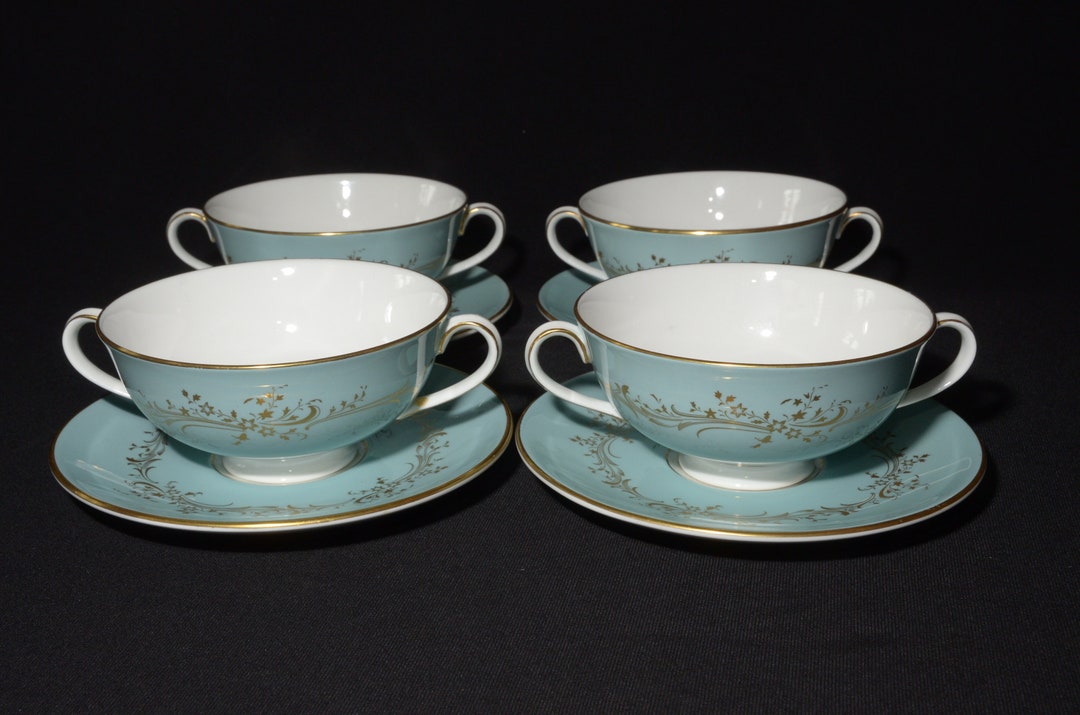 Set of 4 Royal Doulton Melrose Cream Soup Bowl and Saucer Double Handle ...